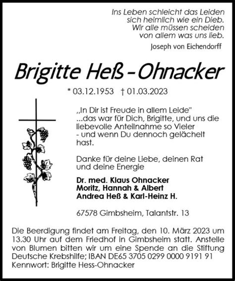 Traueranzeigen von Brigitte Heß Ohnacker vrm trauer de