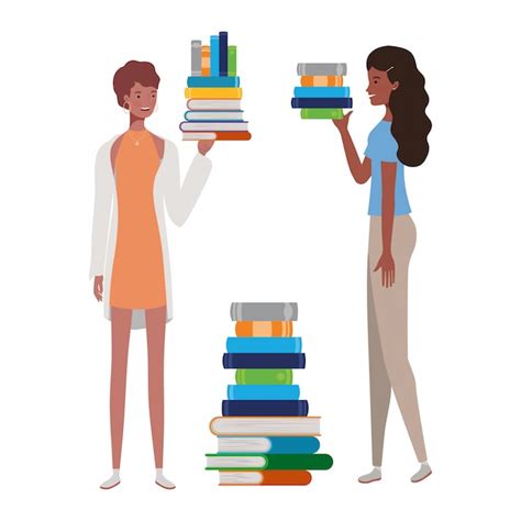 Femmes Debout Avec Une Pile De Livres Vecteur Premium