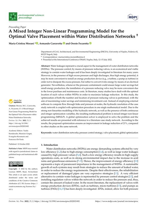 pdf a mixed integer non linear programming model for the optimal valve placement within water