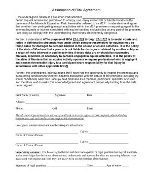Fillable Online Missoulaequestrianpark Assumption Of Risk Agreement
