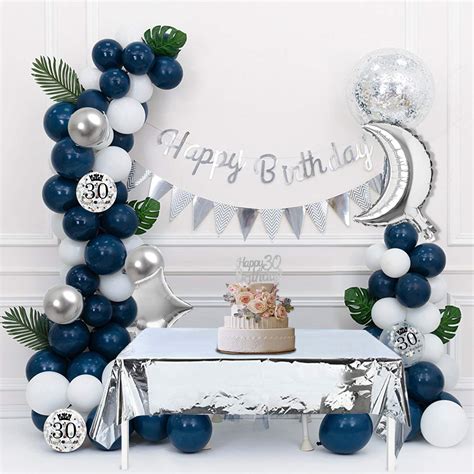 APERIL 30th Birthday Decorations For Men Women Navy Blue White Silver
