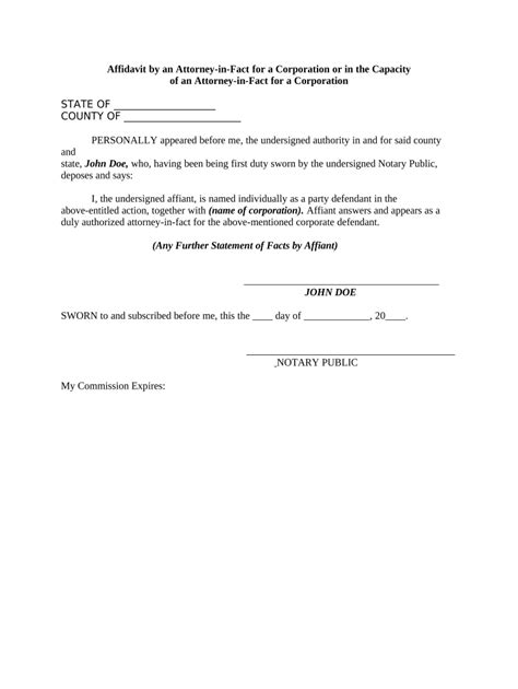Affidavit By An Attorney In Fact For A Corporation Or In The Capacity