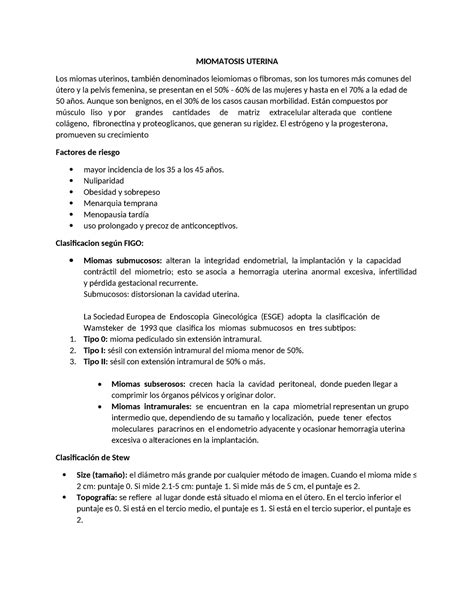 Miomatosis Uterina Resumen GINECOLOGIA Y OBSTETRICIA MIOMATOSIS