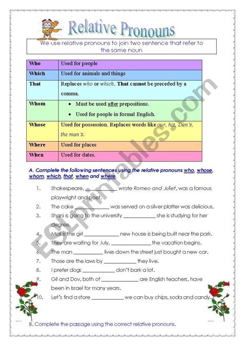Relative Pronouns Esl Worksheet