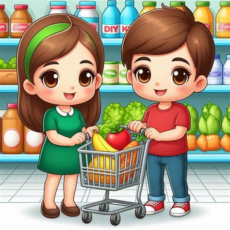 Uma foto de duas crianças e uma mercearia um carrinho de compras