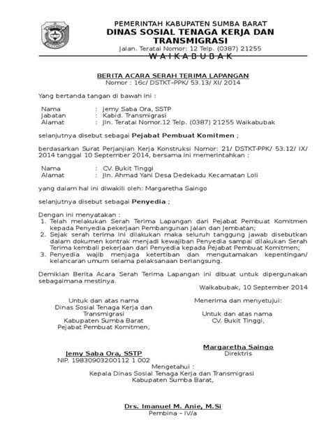 Contoh Berita Acara Serah Terima Pekerjaan Konstruksi Gawe Cv