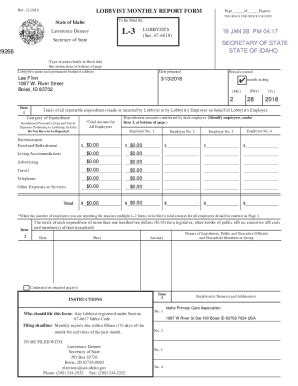 Fillable Online Sos Idaho LOBBYIST MONTHLY REPORT FORM Page Of Page S