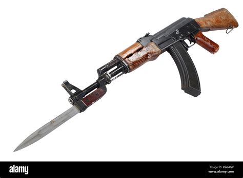 First Model AK 47 Assault Rifle With Bayonet Isolated On White Stock