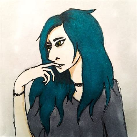 A Drawing Of A Woman With Blue Hair And Green Eyes Holding Her Hand To
