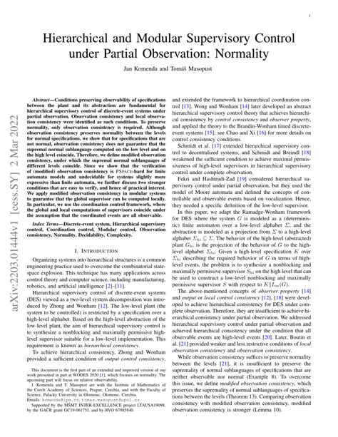 pdf hierarchical and modular supervisory control under partial observation normality