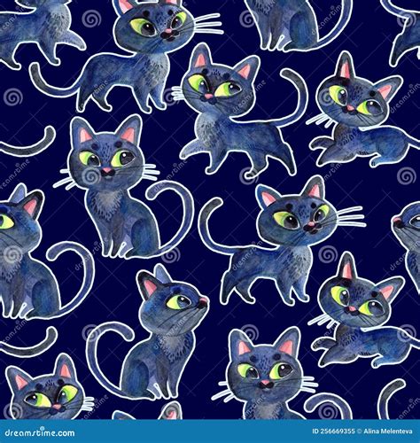 Watercolor Halloween Seamless Pattern With Black Cats Stock