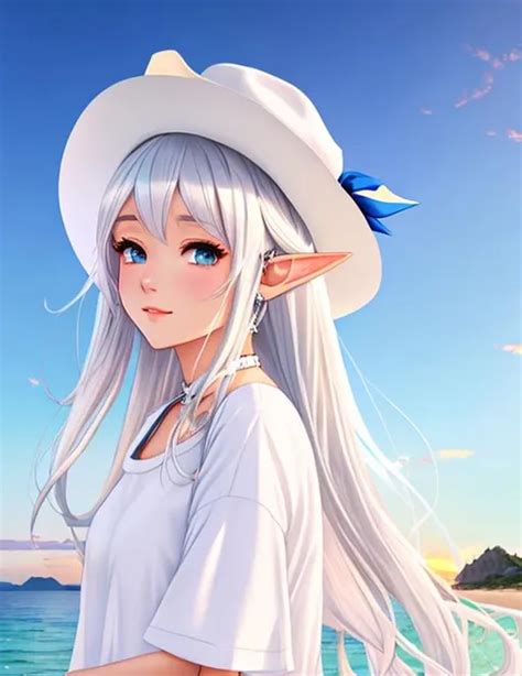 Silver Hair Girl With Elf Ears Stay Beside Sea She