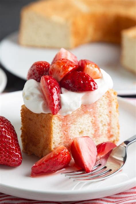 Angel Food Cake With Whipped Cream And Strawberries Stock Photo Image