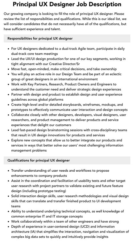 Principal UX Designer Job Description Velvet Jobs