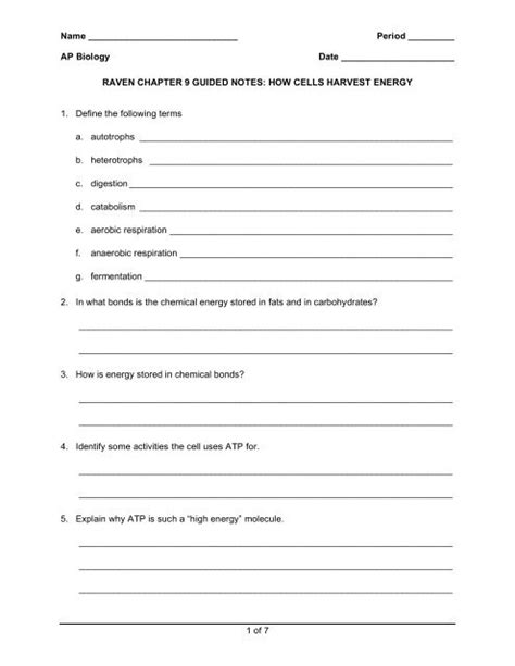 Raven 7th Guided Notes Chapter 9 How Cell Explore Biology