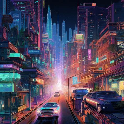 Premium Photo Cars Are Driving Down A City Street At Night With Neon
