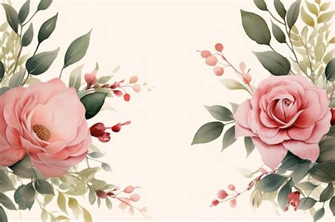 Borde De Marco Floral Acuarela Con Hojas Y Rosas Foto Premium