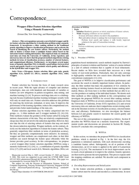 wrapper filter feature selection algorithm using a memetic framework pdf cross validation