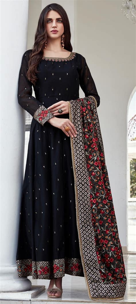 Festive Party Wear Black And Grey Color Chanderi Silk Fabric Salwar