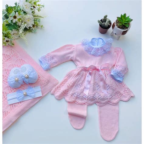 Saída de maternidade menina rosa bebê tricot 6 peças completa Shopee