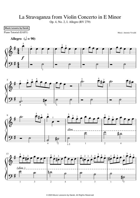 La Stravaganza From Violin Concerto In E Minor Easy Piano Op No