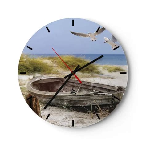 HORLOGE MURALE EN verre 40x40cm Silencieuse Plage Mouettes Łódź Wall