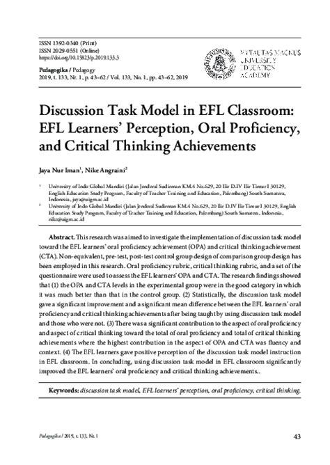 pdf discussion task model in efl classroom efl learners perception oral proficiency and