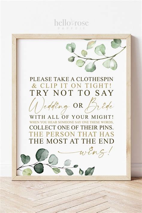 Dont Say Wedding Or Bride CLOTHESPIN Game Sign Printable Greenery