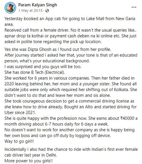 Kolkata Mans Encounter With Female Uber Driver Is Winning Internets Hearts Scoopwhoop