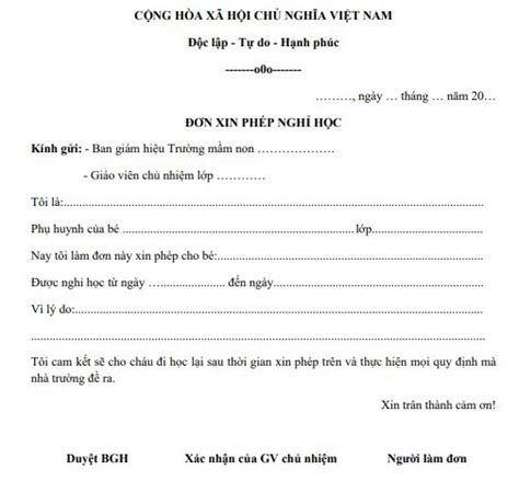 Mẫu đơn xin nghỉ học cho bé mầm non Trung Tâm Ngoại Ngữ Gemma