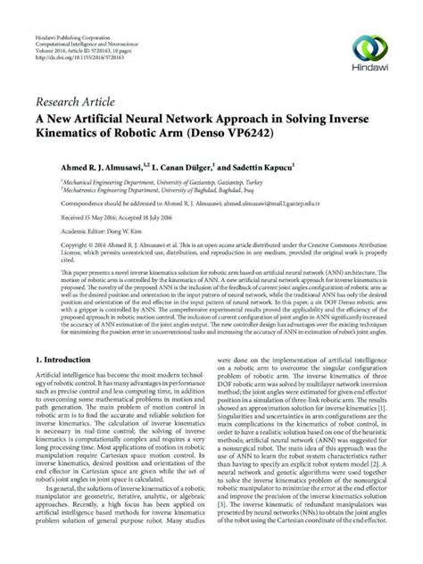 pdf research article a new artificial neural network approach in verse kinematics problem