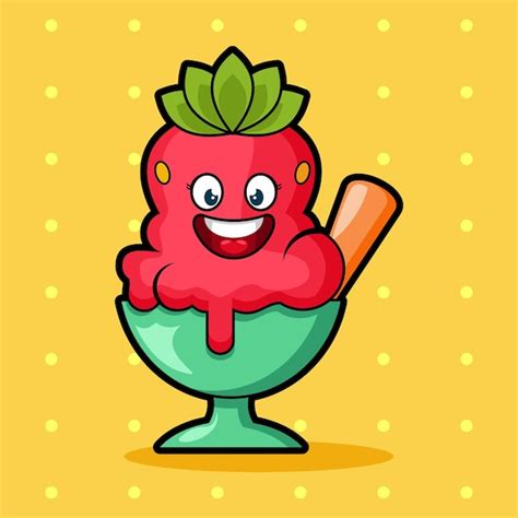 Lindo Y Peque O Personaje De Helado De Fresa Con Cara Feliz Vector