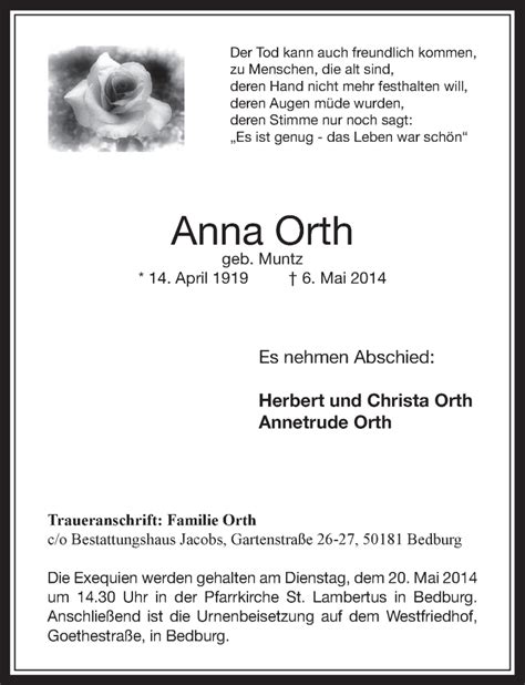 Traueranzeigen Von Anna Orth WirTrauern