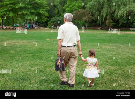 Vista trasera de la celebración de las manos de abuelo nieta mientras