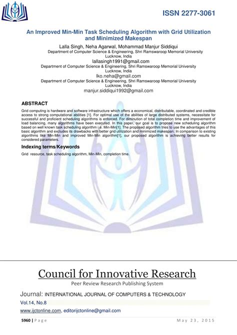 pdf an improved min min task scheduling algorithm with grid utilization and minimized makespan