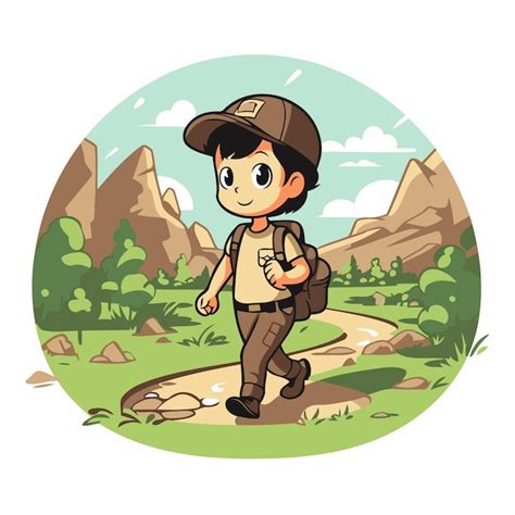 Niño explorador con mochila y gorra en las montañas ilustración