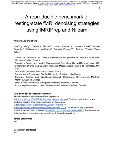 pdf a reproducible benchmark of resting state fmri denoising strategies using fmriprep and nilearn