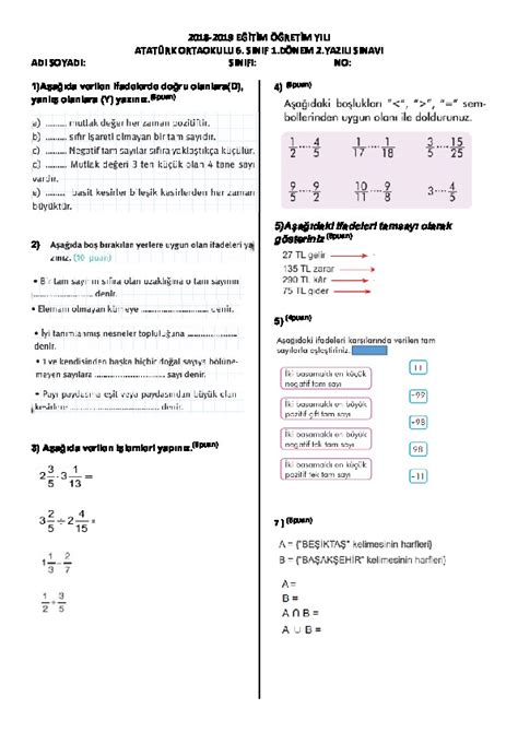 S N F Matematik Sinif D Nem Yazili Yaz L Rne I Derslig