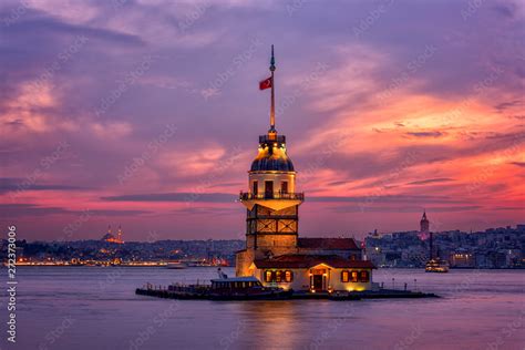 Fiery Sunset Over Bosphorus With Famous Maiden S Tower Kiz Kulesi