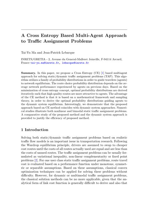 pdf a cross entropy based multi agent approach to traffic assignment problems