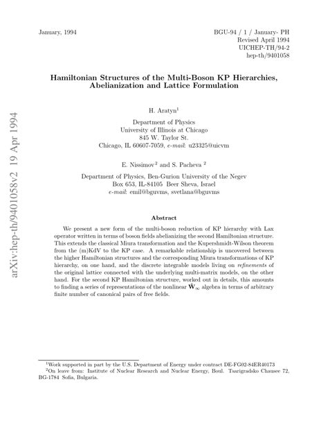 pdf hamiltonian structures of the multi boson kp hierarchies abelianization and lattice
