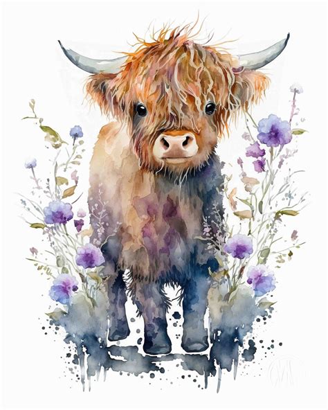 Watercolor Adorable Baby Highland Cow With Flowers Wall Art Etsy Artofit