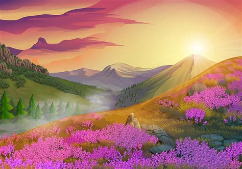 El sol arboles paisaje flores montañas Fondo de pantalla HD