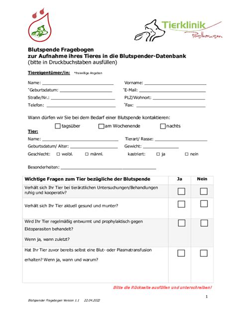 Ausfüllbar Online Blutspende Fragebogen zur Aufnahme ihres Tieres in