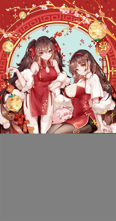 Safebooru 2girls Absurdres Arm At Side Black Legwear Breasts Brown Eyes Brown Hair China Dress