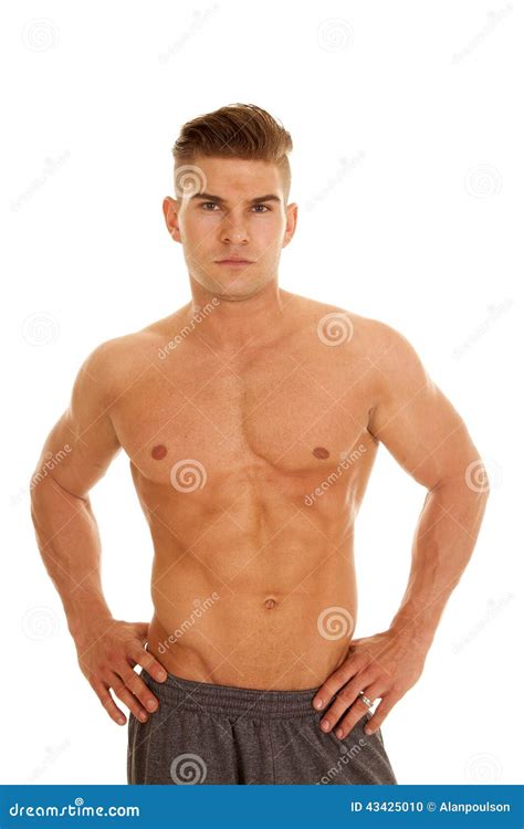 Man No Shirt Stand Hands Hips Looks Serious Stock Photo Image