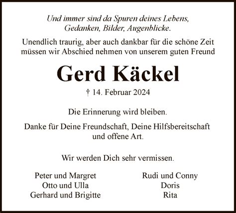 Traueranzeigen von Gerd Käckel Trauer HNA de