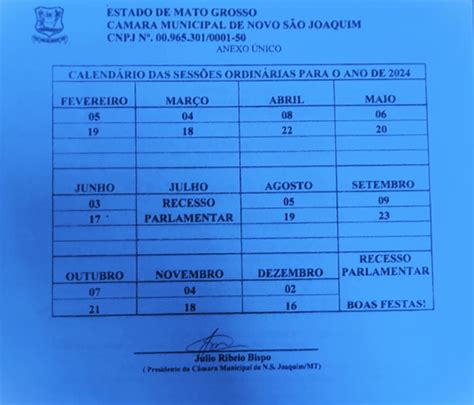 Calendário das Sessões Ordinárias 2024