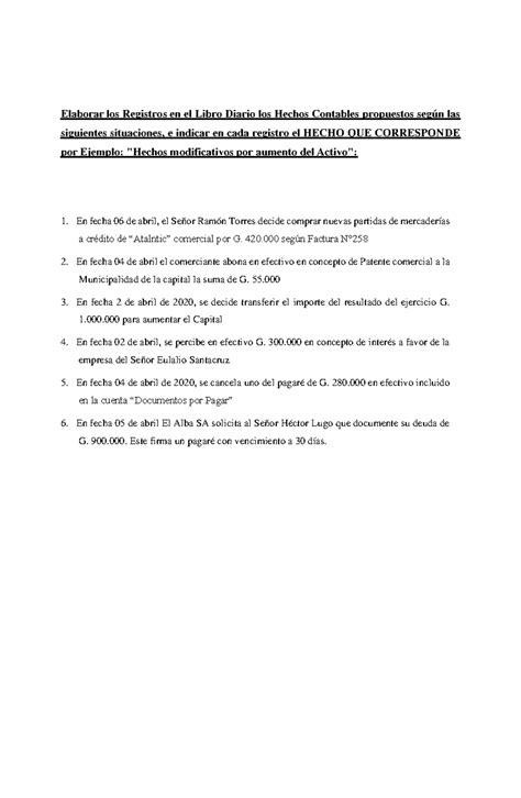 Hechos Contables Elaborar Los Registros En El Libro Diario Los Hechos