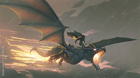 The Black Knight Riding The Dragon Flying In The Sunset Sky Digital